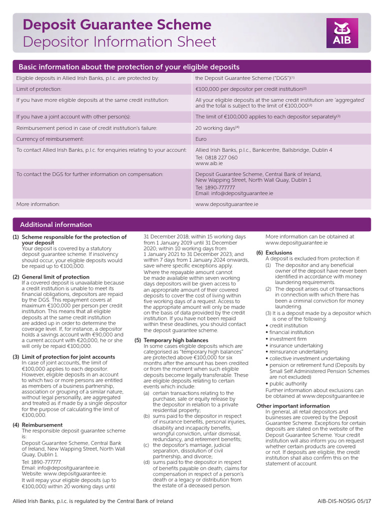 Deposit Guarantee Scheme - Depositor Information Sheet | PDF | Deposit ...