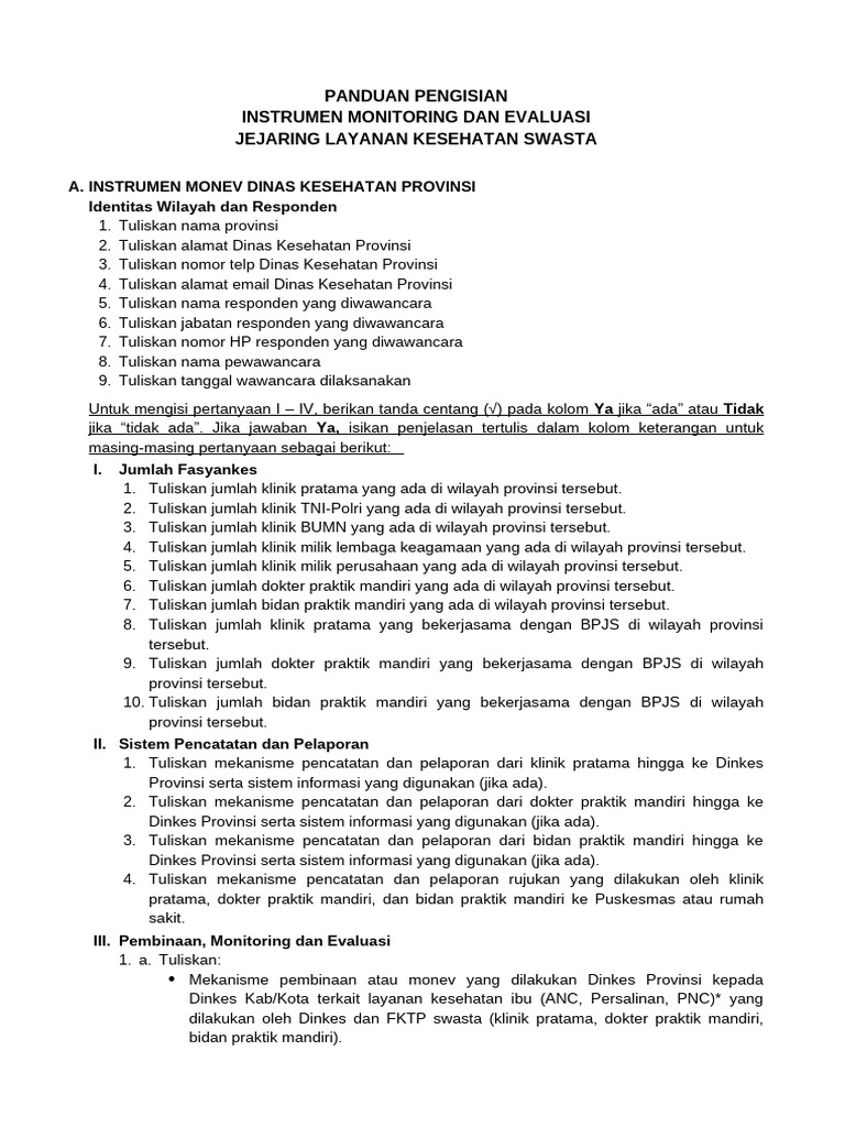 #4 Panduan Pengisian Form Monev Yankes Swasta | PDF