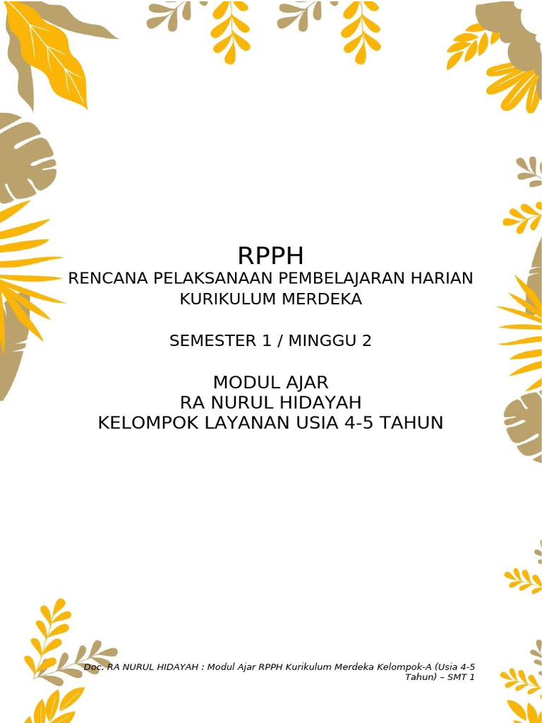 Modul Ajar RPPH TK A 4 5 Tahun Kurmer Smt1 Minggu 2 | PDF