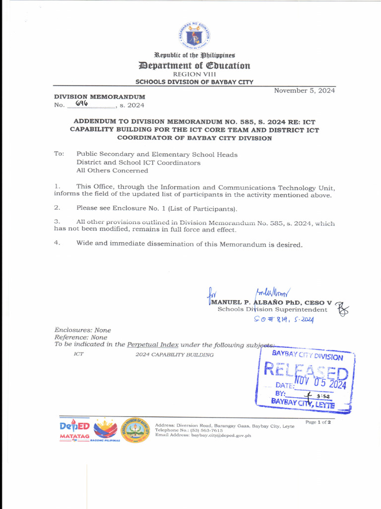 DM No 696 S. 2024 Addendum To Division Memorandum No. 585 S. 2024 Re Ict Capability Building For ...