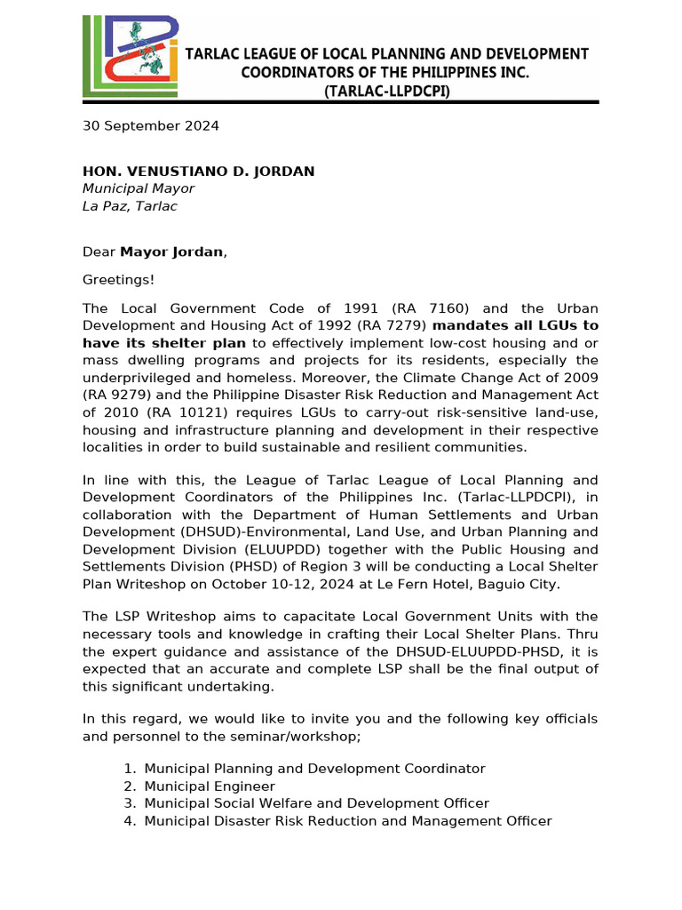 LGU Invitation - LSP Writeshop | PDF | Natural Environment | Economies