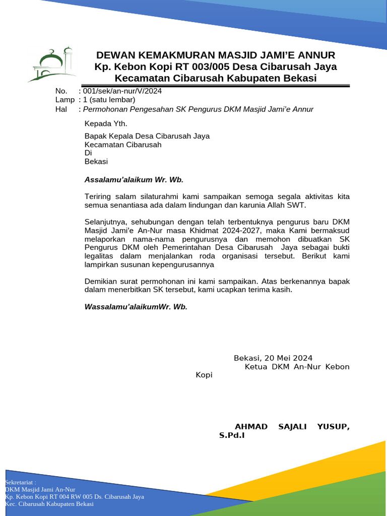 Surat Pengajuan Pengesahan SK Pengurus DKM | PDF