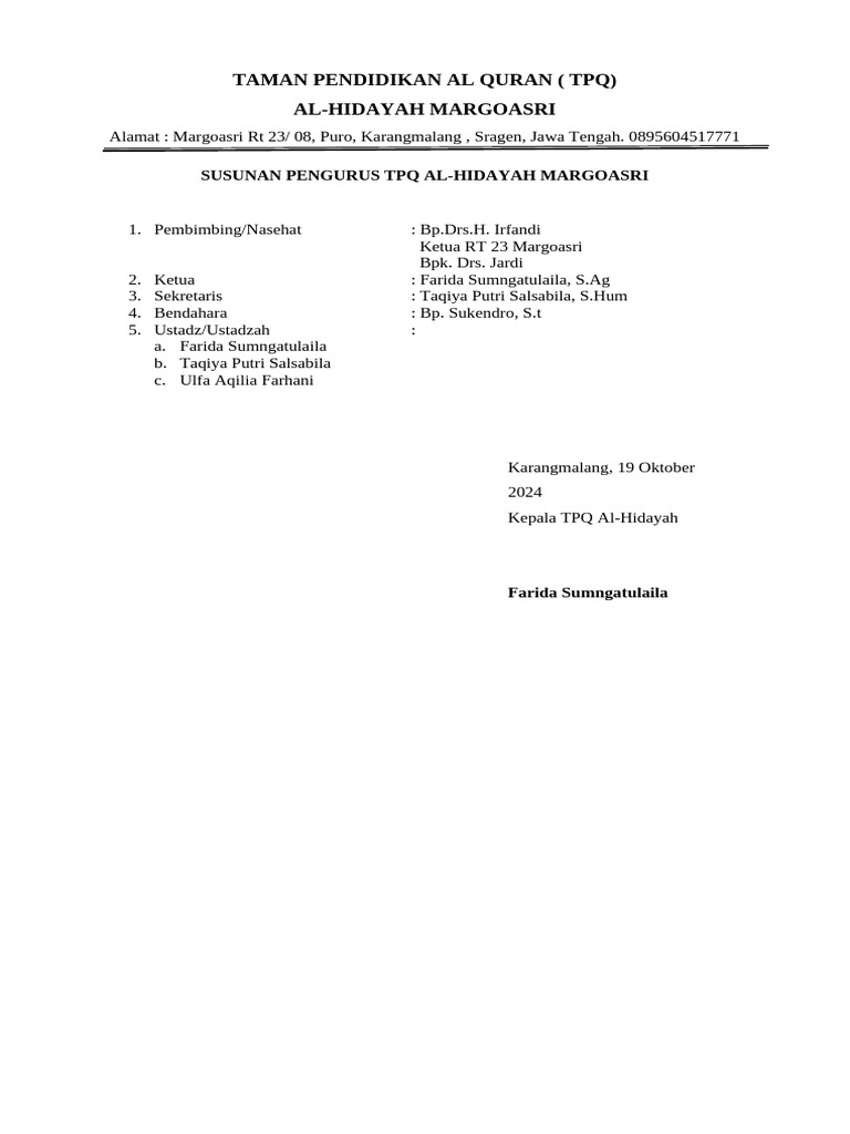 Susunan Pengurus TPQ Al-Hidayah | PDF