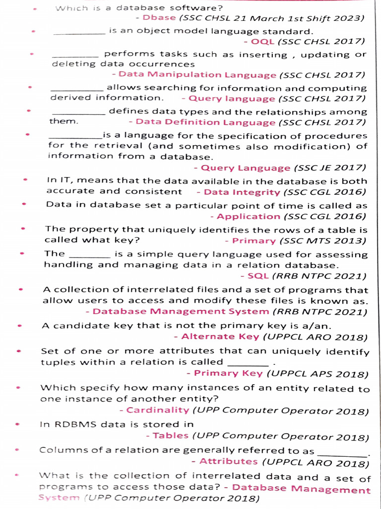 DBMS One Liner Important Question | PDF | Databases | Microsoft Access