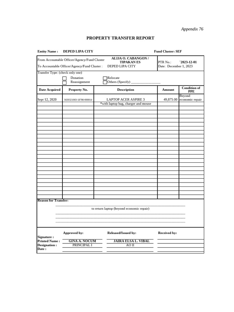 Appendix 76 - PROP TRANSFER REPORT | PDF | Personal Computers