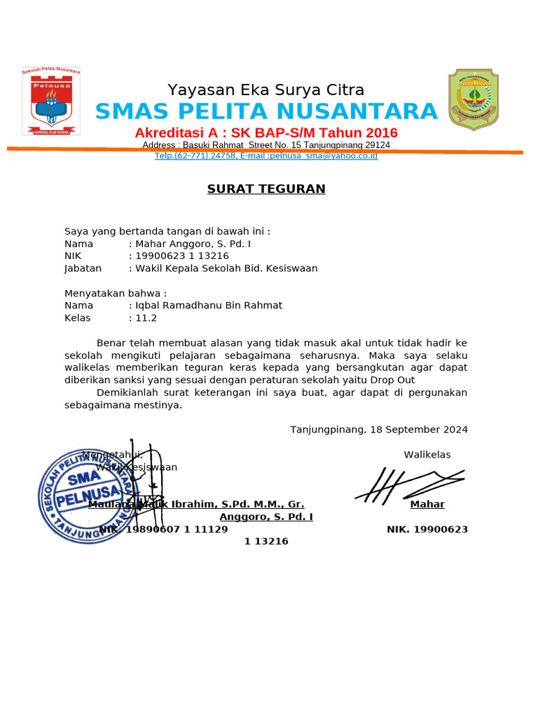 Surat Teguran Siswa SMAS Pelita Nusantara | PDF