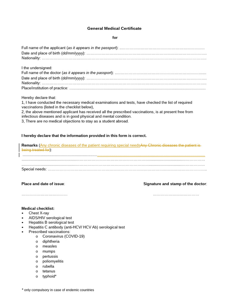 General Health Certificate for Students | PDF | Vaccines | Medicine