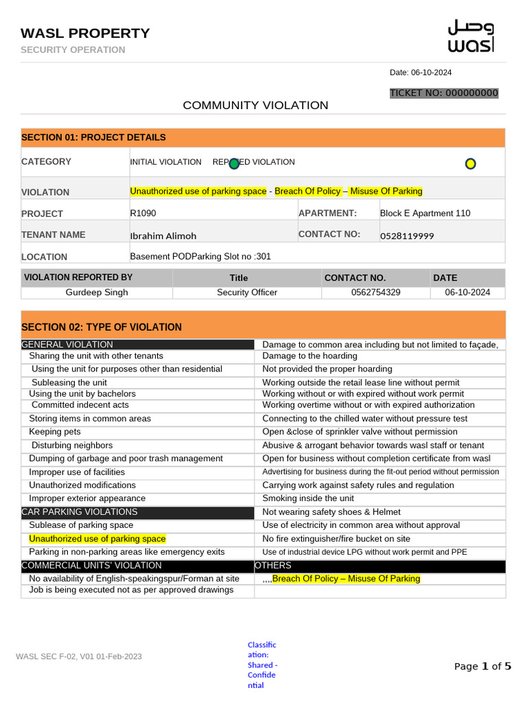 2nd Repeated Violation Report - R 1090 - BLOCK E Unit 110 - Unauthorized Use of Parking Space ...