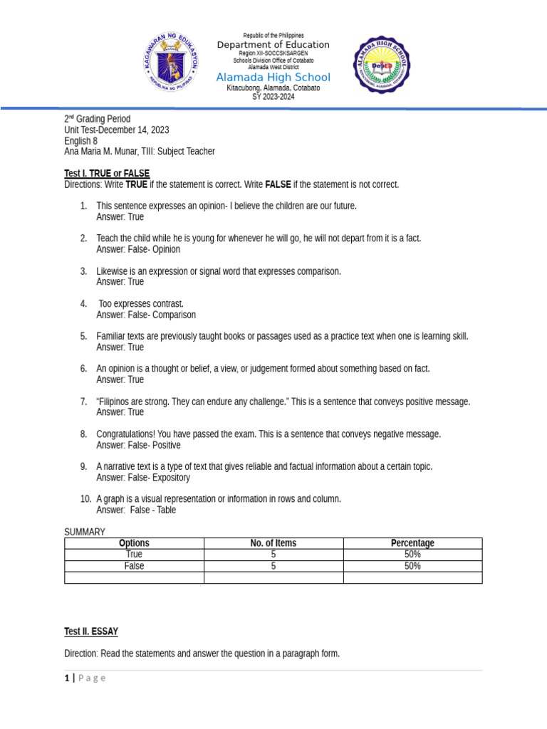 2nd-Grading-Period-Unit-Test in ENglish | PDF | Essays | Cognitive Science