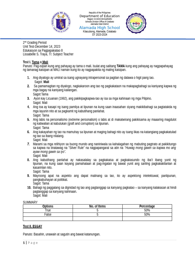 1st Grading-Period-Unit-Test in Esp | PDF