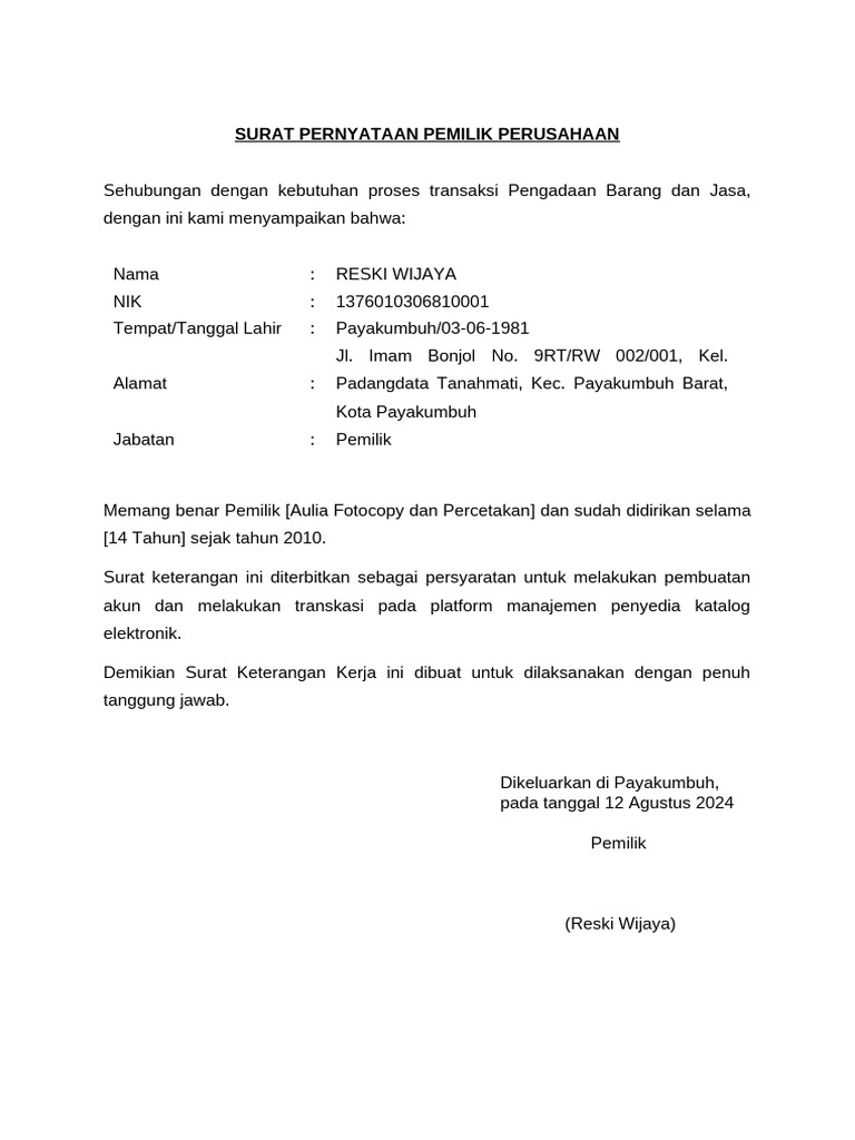 Contoh Surat Pernyataan Pemilik Perusahaan | PDF