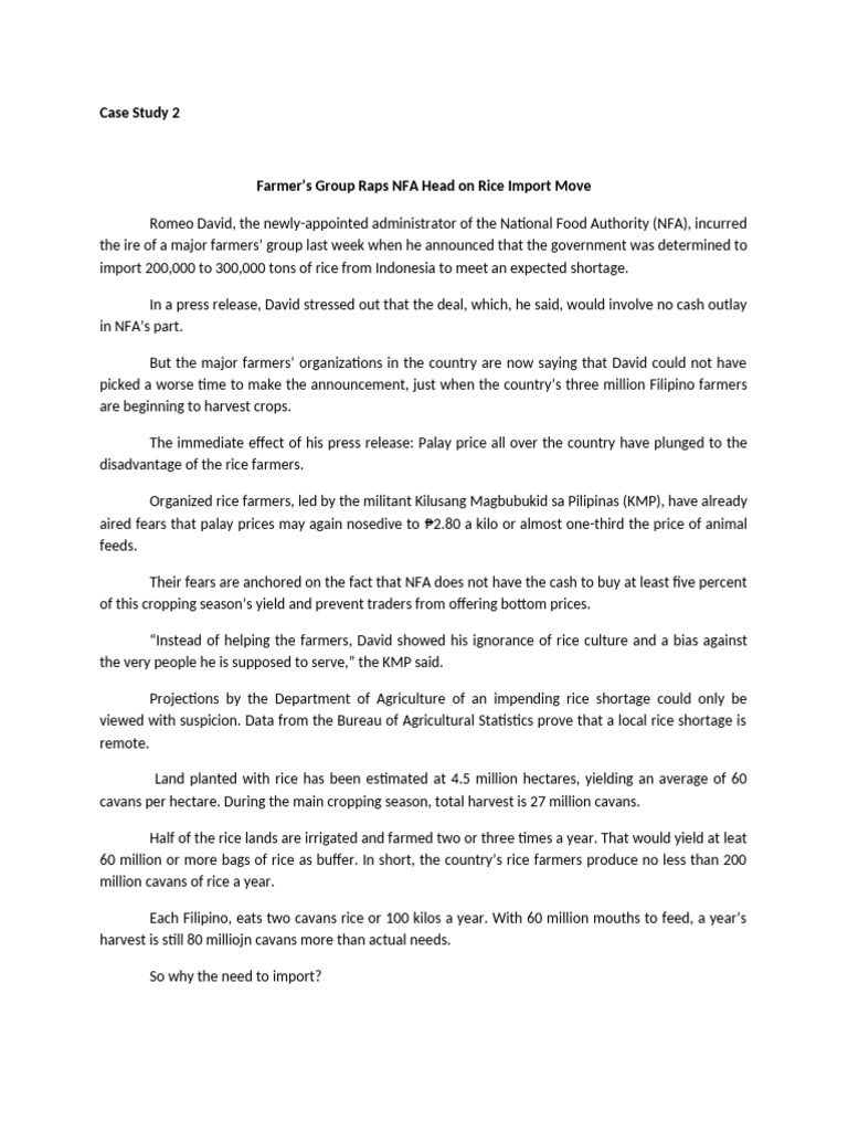 Case Study 2 Farmers Group Raps NFA Head On Rice Import Move | PDF ...
