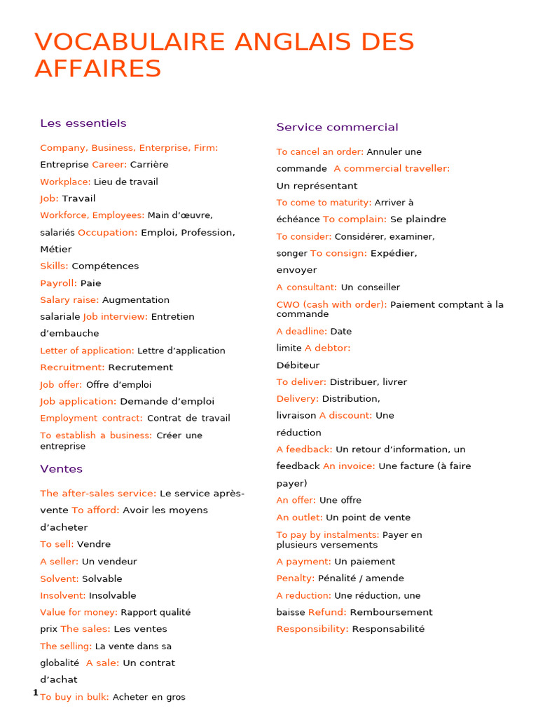 Vocabulaire essentiel en anglais des affaires | PDF | Comptabilité ...