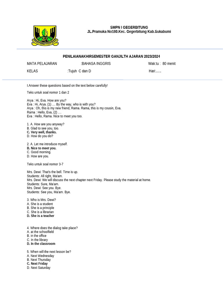 Soal Sas Smpn2 Gerby | PDF Soal Sas Smpn2 Gerby | PDF