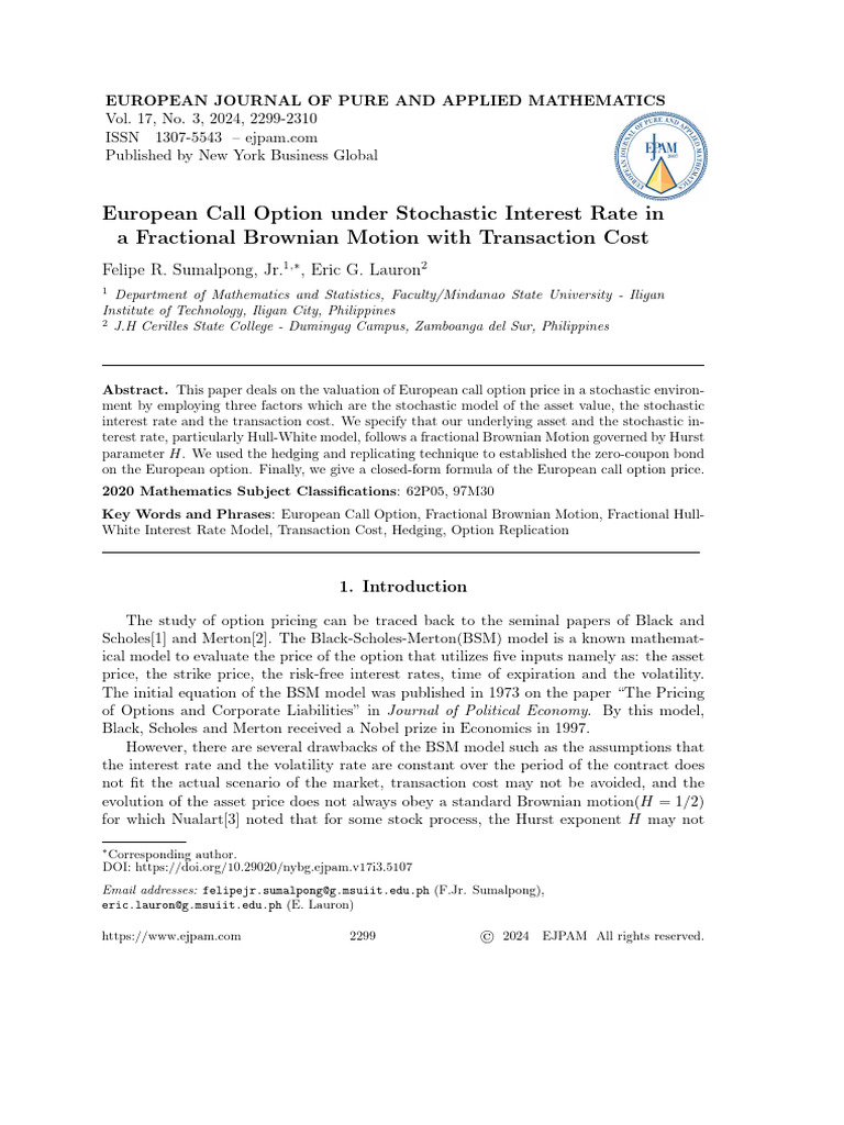 European Options Under Stochastic Rate Pdf Option Finance Investing