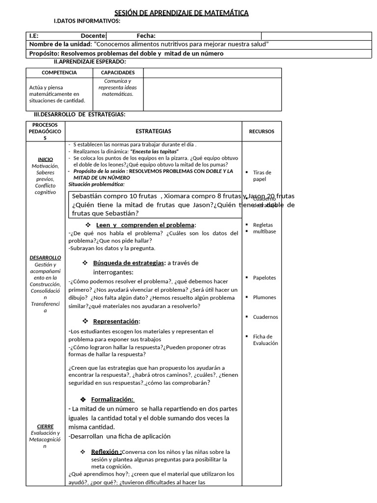 Sesion de La Mitad y El Doble - Docx SSS-1 | PDF | Aprendizaje | Evaluación