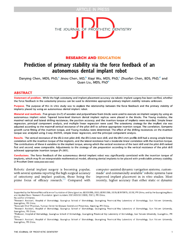 22.prediction of Primary Stability Via The Force Feedback of An Autonomous Dental Implant Robot ...