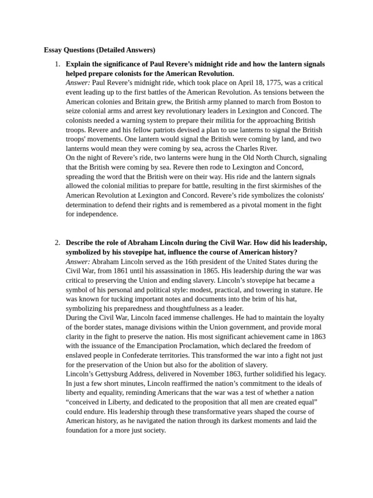 Essay Questions Answers | PDF | Slavery In The United States ...