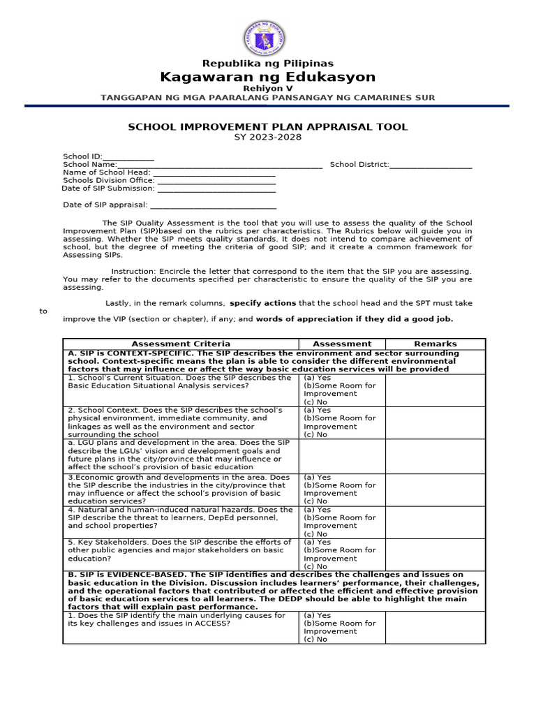 Sip Appraisal Tool | PDF | Rubric (Academic)