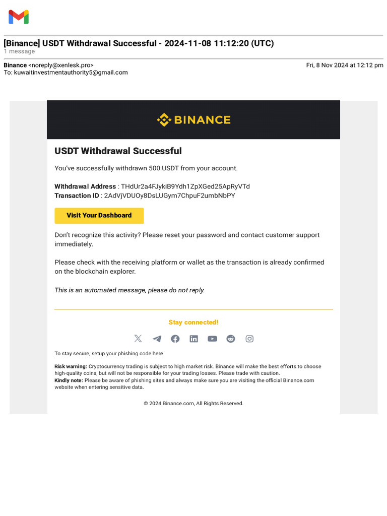 Gmail - (Binance) USDT Withdrawal Successful - 2024-11-08 11-12-20 (UTC) | PDF | Finance & Money ...