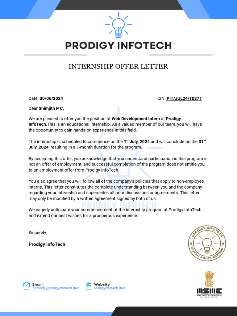 Prodigy Infotech Internship Offer Letter | PDF | Career & Growth | Business