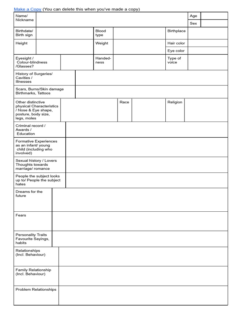 Hirohiko Araki's Character Sheet (Original Template) | PDF