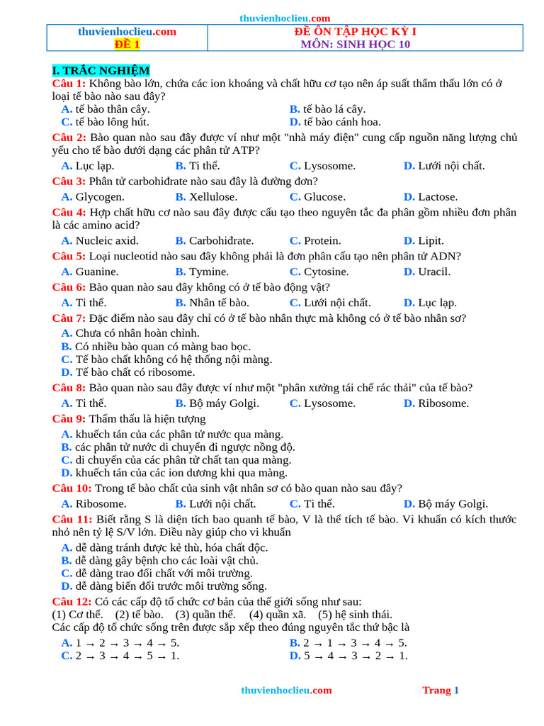 10 de Kiem Tra HK1 SINH 10 KNTT | PDF