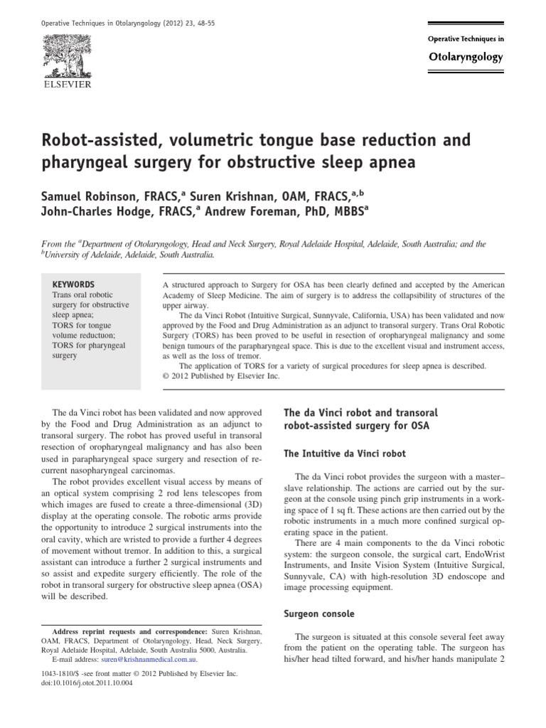 Robot Assisted Volumetric Tongue Base Reduction A Pdf Snoring Surgery