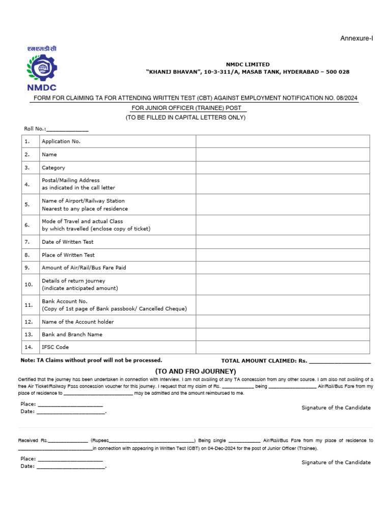 TA Claim Form for Junior Officer Test | PDF | Public Services | Public ...