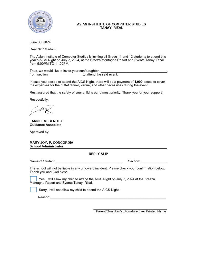 Waiver For Aics Night | PDF