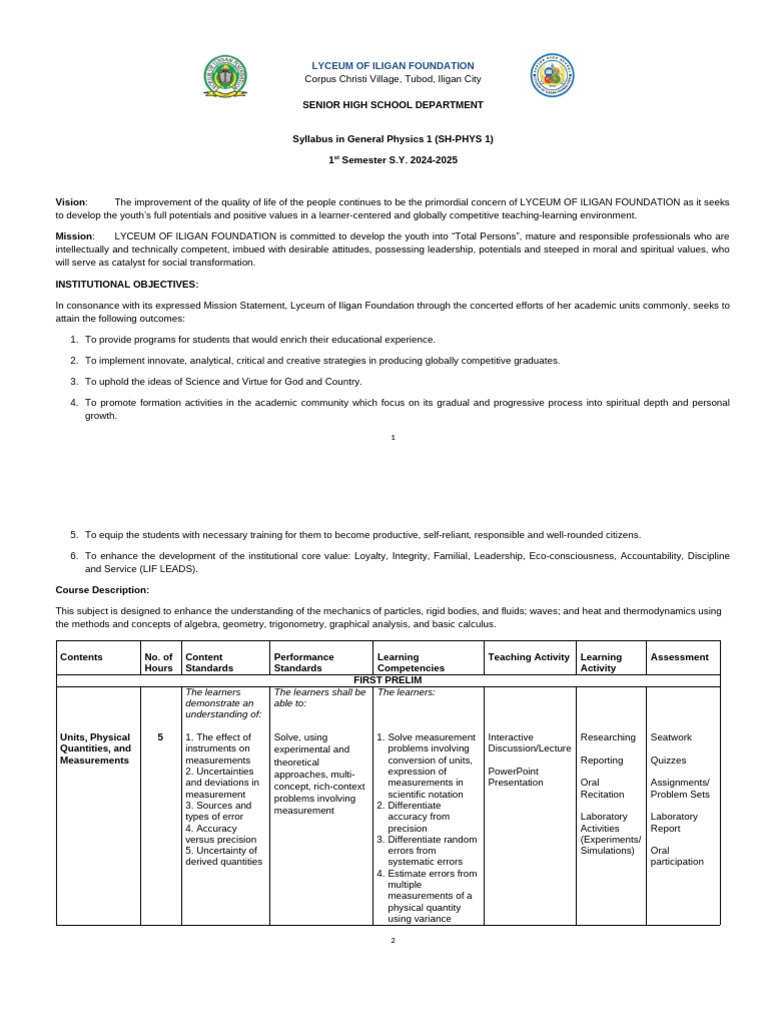 DTS - Sh-Phys1 - SHS2024-2025 | PDF | Force | Acceleration