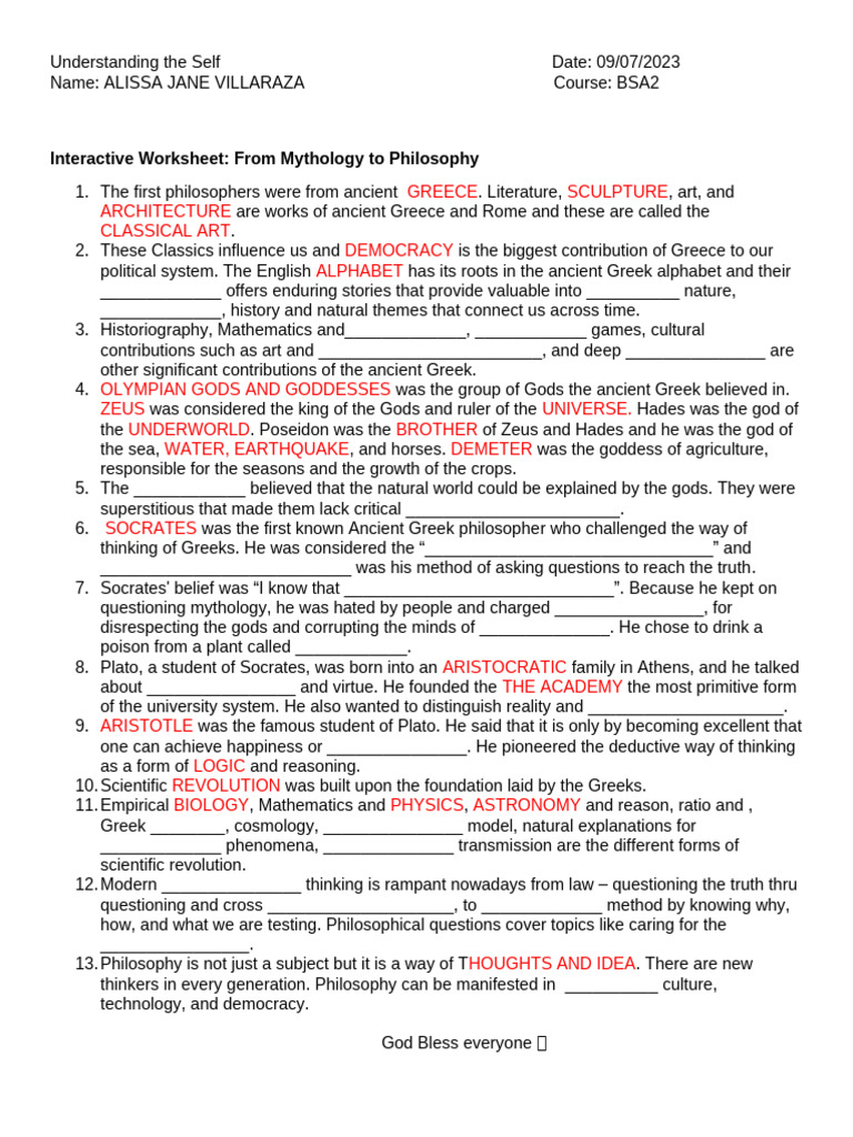 Worksheet 2 Mythology To Philosophy | PDF | Greek Mythology | Hades