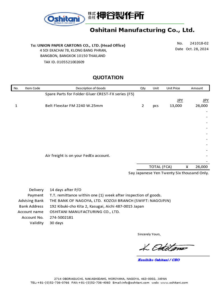 Quotation (Belt Flexstar FM 2240 W.25mm) 2024-10-28 | PDF