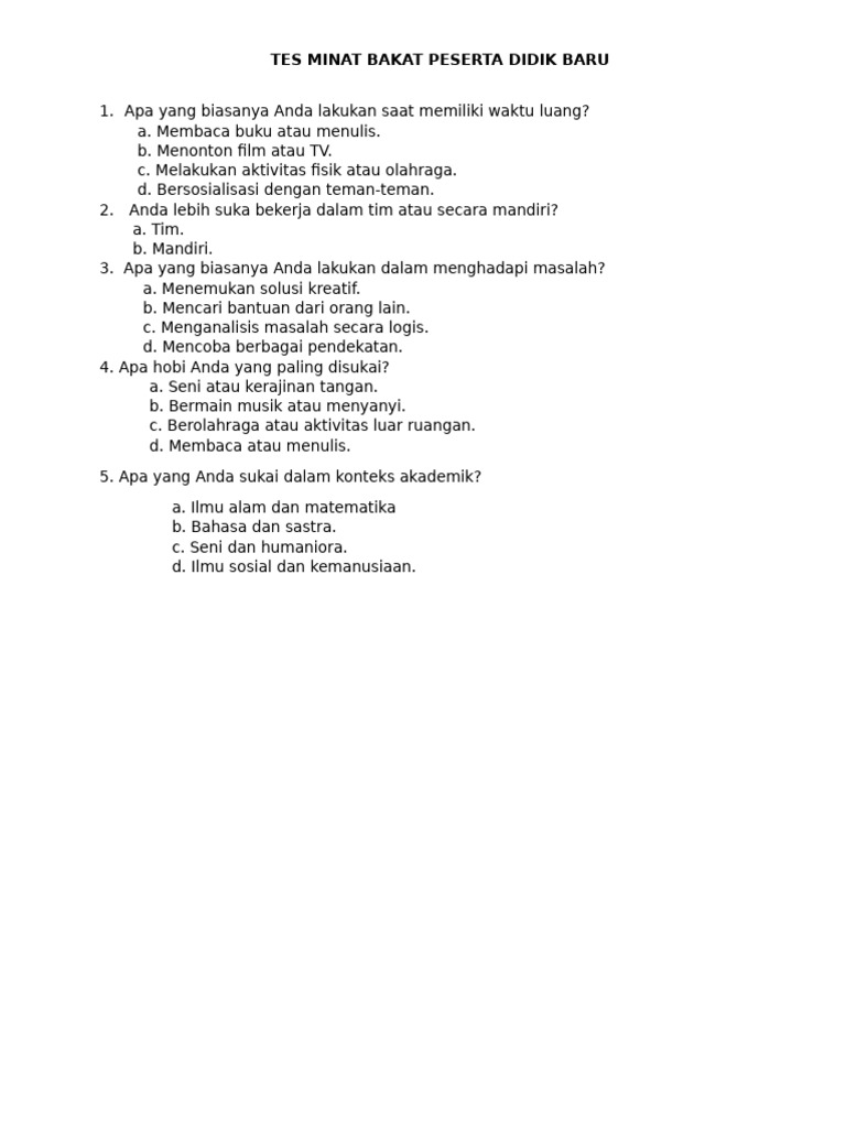 Tes Minat Bakat Siswa Baru | PDF