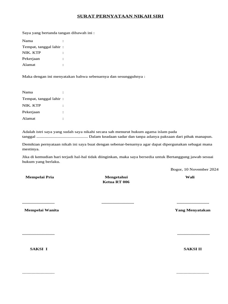 Surat Pernyataan Nikah Siri | PDF