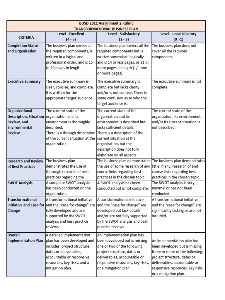 Transformational Business Plan Rubric | PDF | Swot Analysis | Business