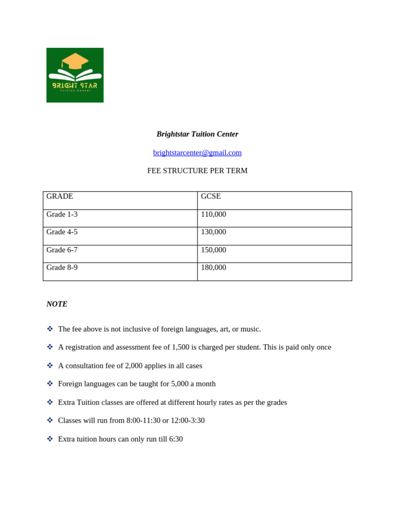 Brightstar Tuition Center Fee Structure | PDF