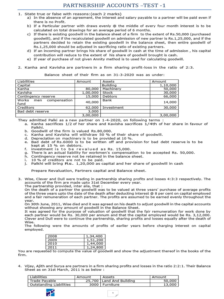 Partnership Accounts Test Questions and Solutions | PDF | Goodwill ...