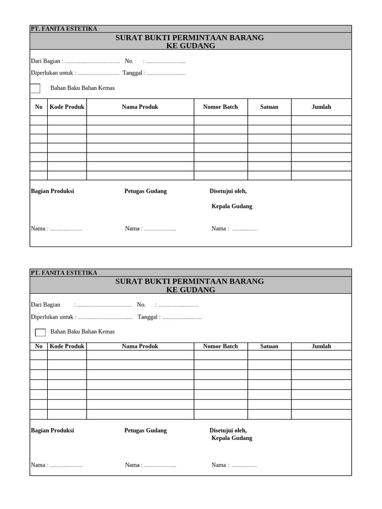 Surat Bukti Permintaan Barang Ke Gudang 2 Rangkap & 4 Rangkap | PDF