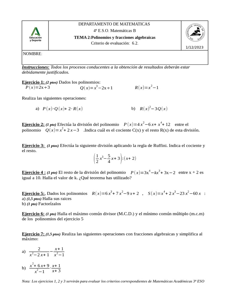 Examen T.2 Polinomios | PDF | Matemáticas discretas | Teoría de los números
