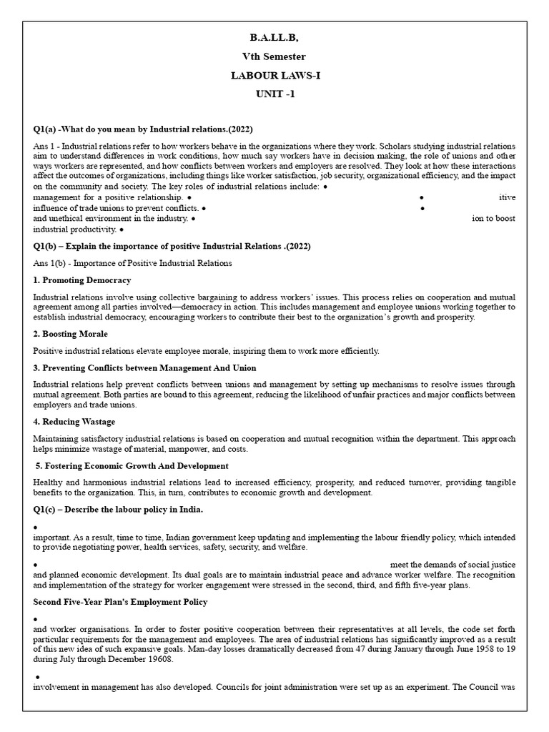 Labour Law Notes - Unit 1 | PDF | Employment | Collective Bargaining