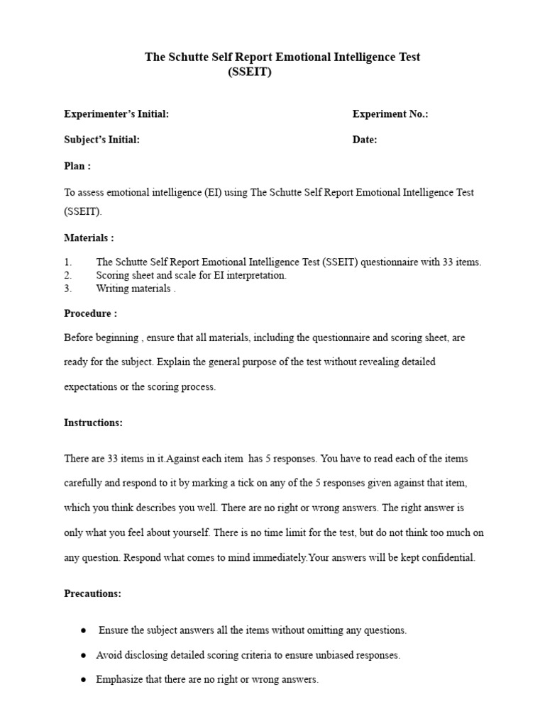 SSEIT - Procedure Sheet | PDF | Emotional Intelligence | Self Report Study