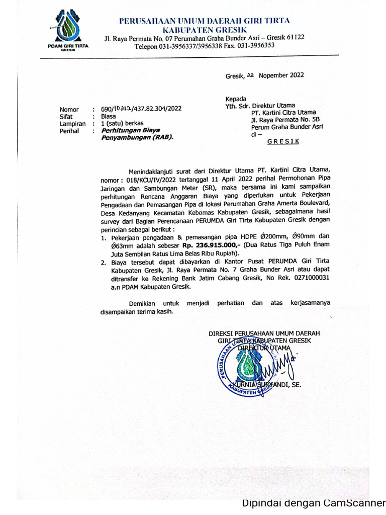 PDAM - Perhitungan Biaya Penyambungan (RAB) (Graha Amerta Boulevard) | PDF