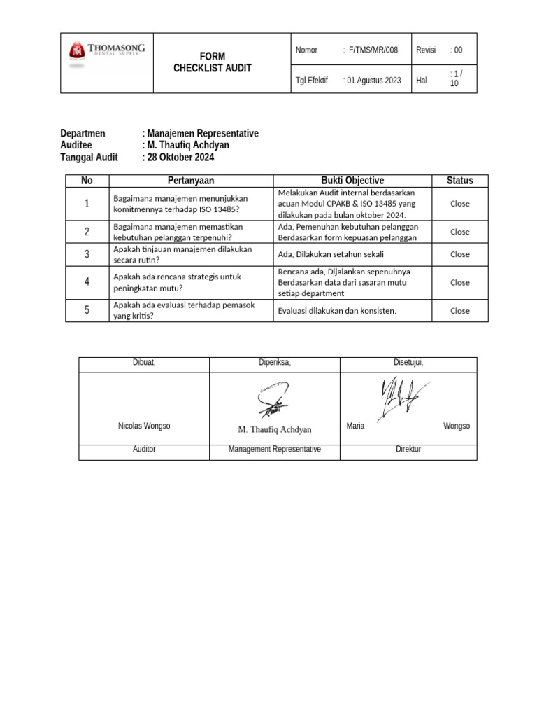 F-TMS-MR-008 Rev 00 (010823) - Checklist Audit | PDF