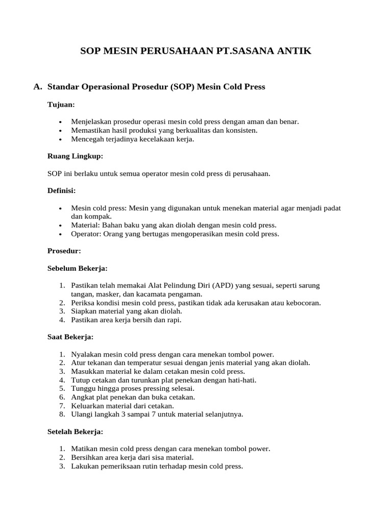 Sop Mesin Cold Press | PDF