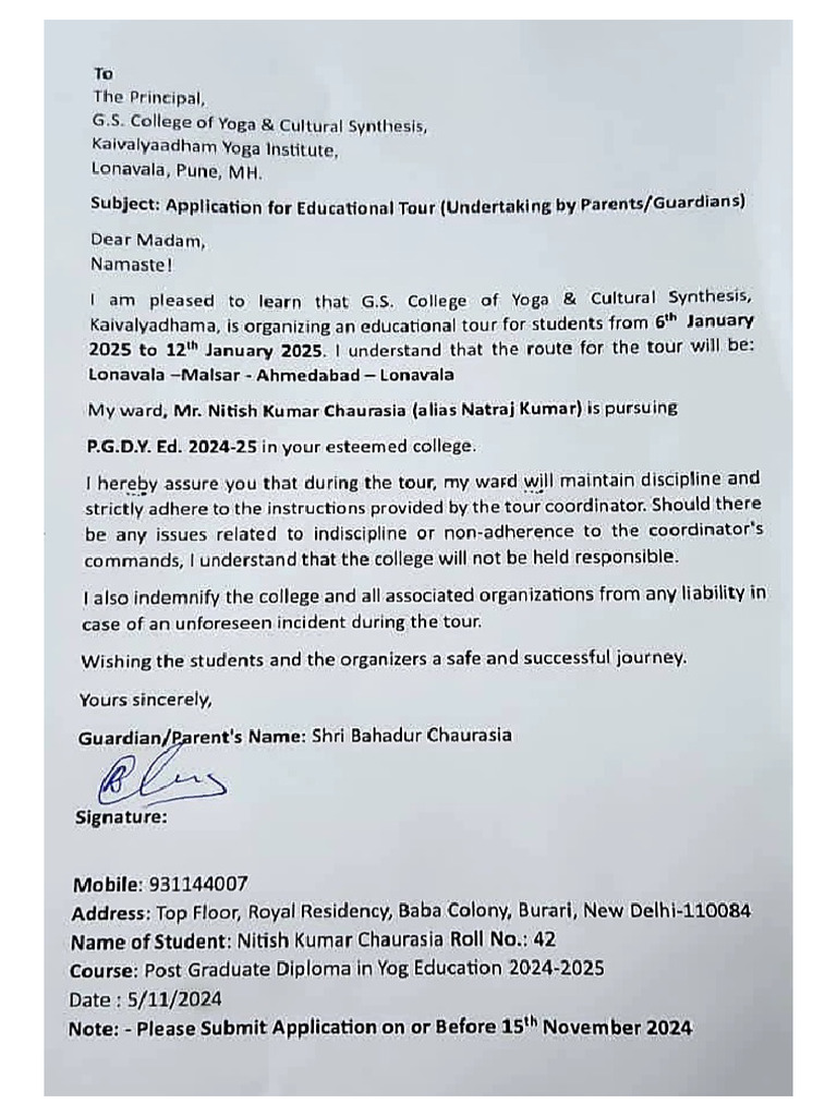 Undertaking For Malsar Tour | PDF