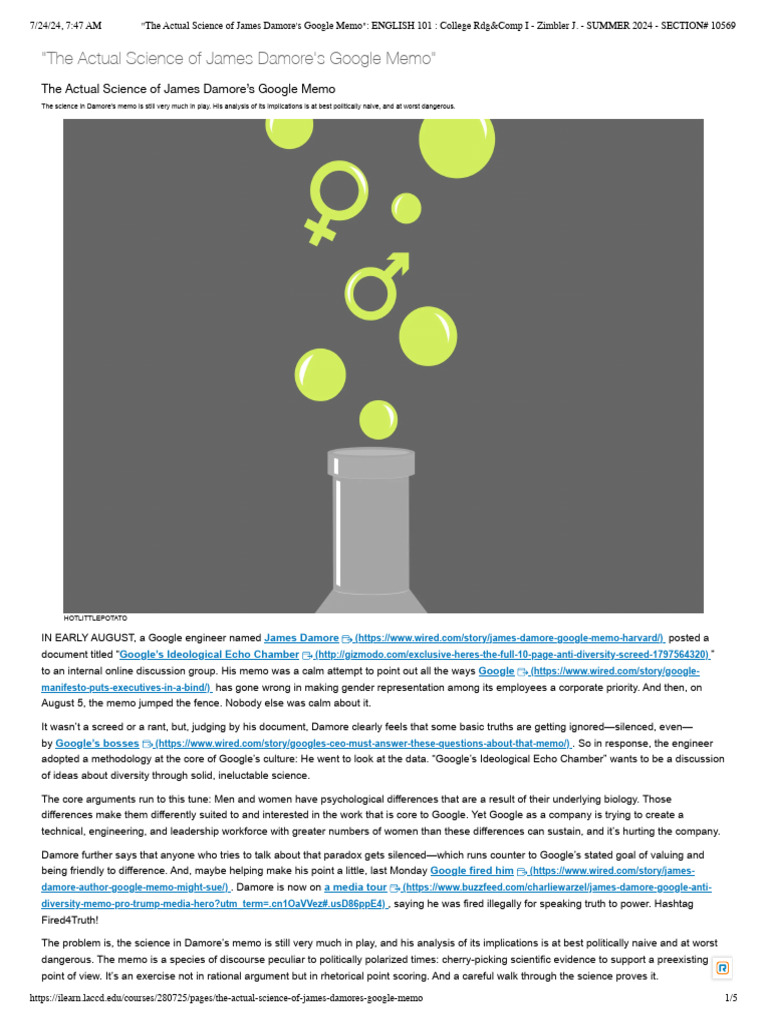The Actual Science of James Damore's Google Memo - ENGLISH 101 ...