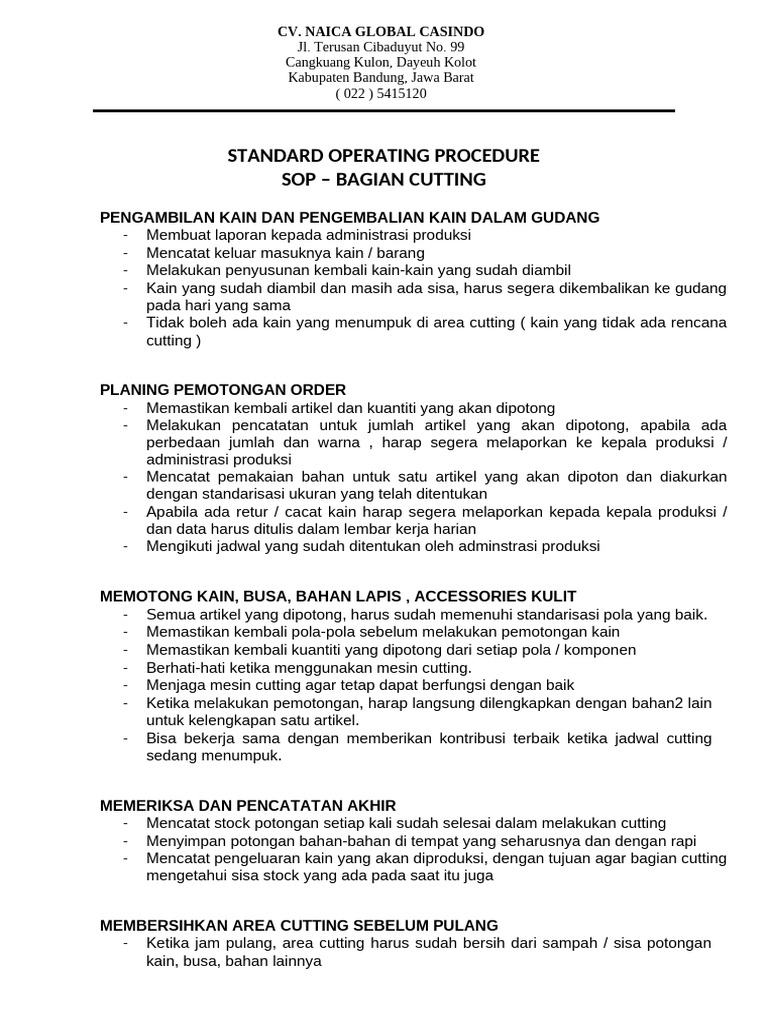 SOP Cutting NGC | PDF