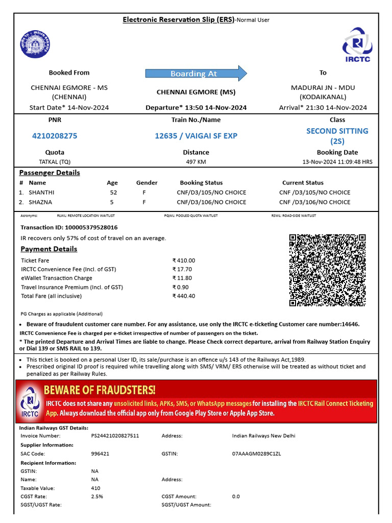 Vaigai SF Exp Second Sitting (2S) : Electronic Reserva On Slip (ERS) | PDF | Identity Document ...