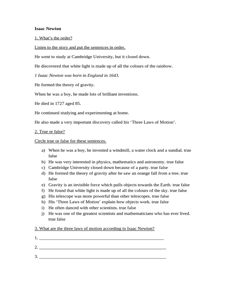 Isaac Newton Comprehension Exercises | PDF | Social Science | Young Adult